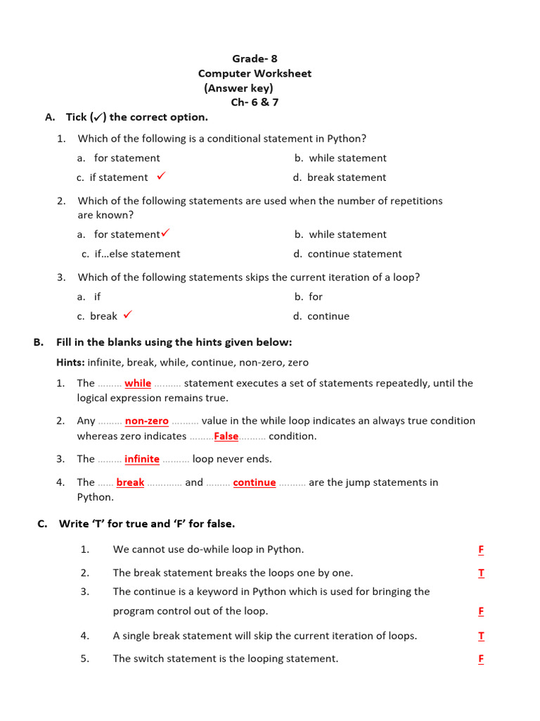 G-8 Computer Worksheet Answerkey | PDF | Control Flow | Computer Science