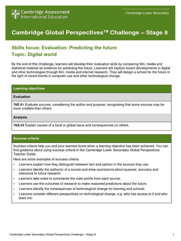 Cambridge Global Perspectives Stage 8 Predicting The Future | PDF ...