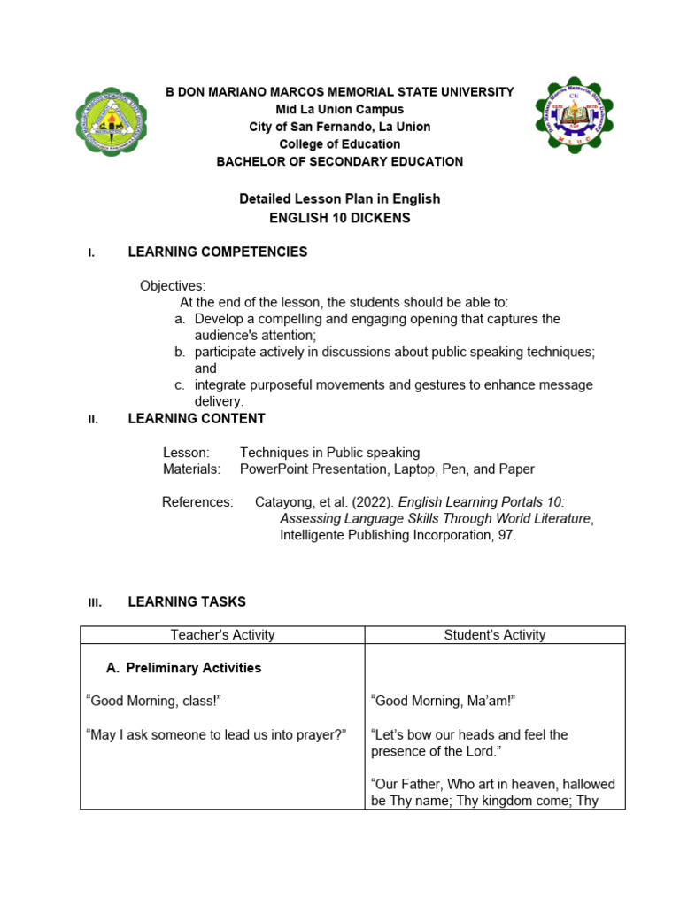 Demi Claire Lesson Plan Techniques in Public Speaking | PDF | Public ...