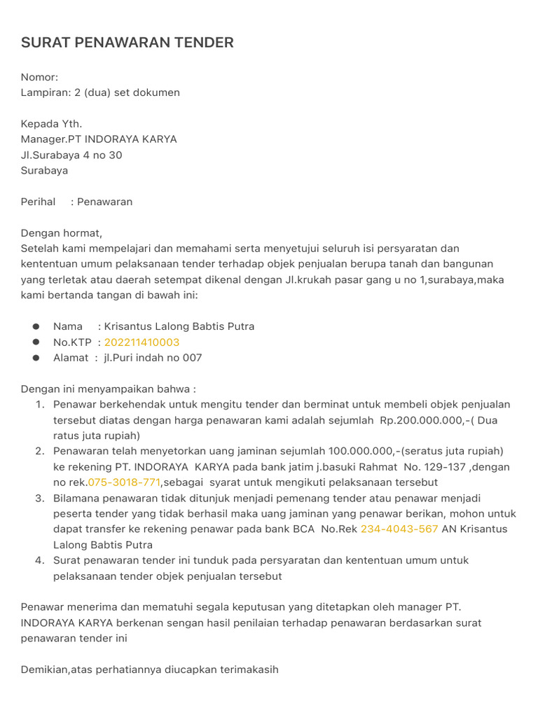 Surat Penawaran Tender | PDF | Pengelolaan Keuangan & Uang | Hukum