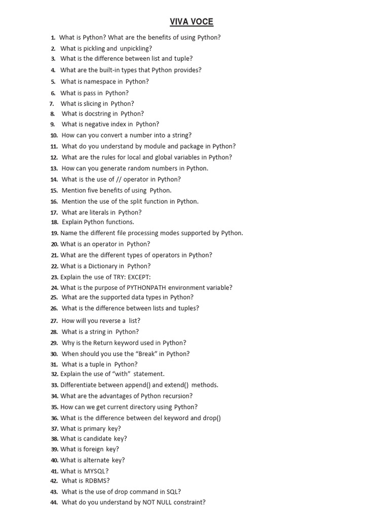 Cs Viva Questions Project Oriented Pdf Python Programming Language My Sql 