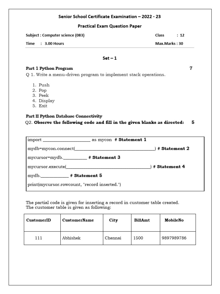 12th - Main - Practical Exam Question Paper | PDF | Databases ... 12th - Main - Practical Exam Question Paper | PDF | Databases ...