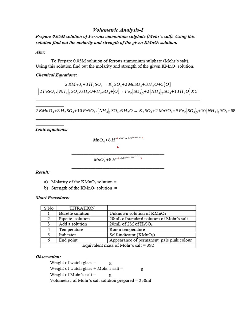 Volumetric Analysis Procedure | PDF | Titration | Chemistry Volumetric Analysis Procedure | PDF | Titration | Chemistry