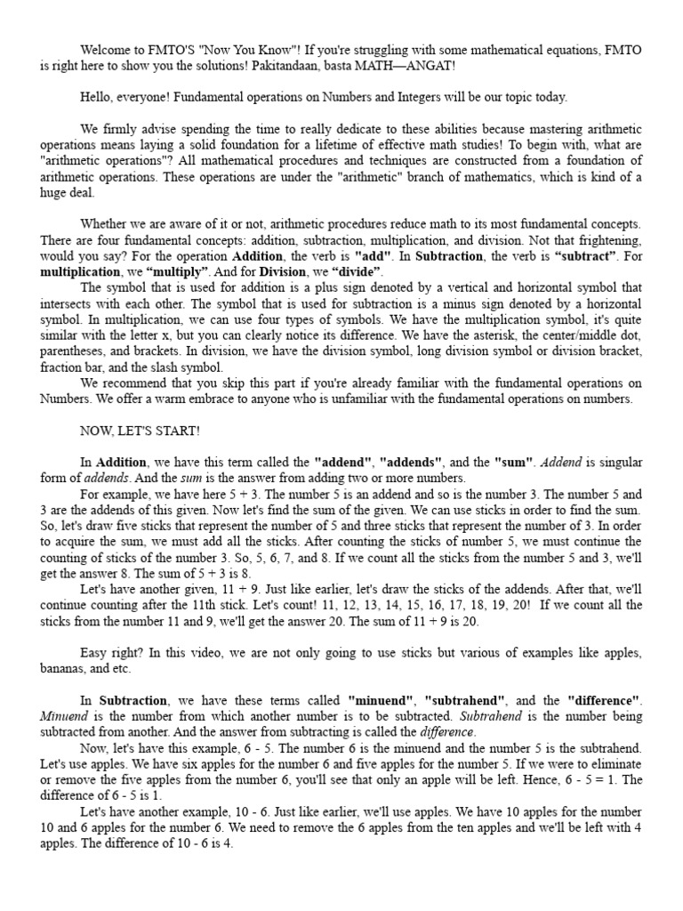 Fundamental Operations on Numbers | PDF | Subtraction | Division ...