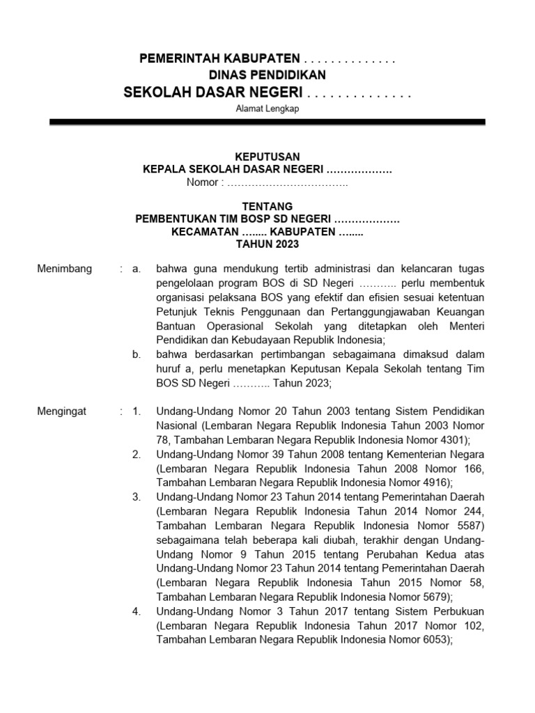 Contoh SK Tim BOSP Satuan Pendidikan 2023 | PDF