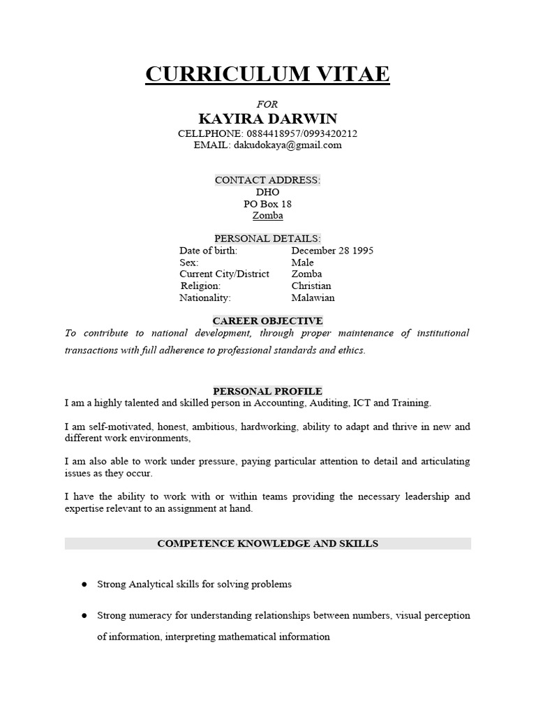 CV For Darwin Kayira | PDF | Accounting | Cognitive Science