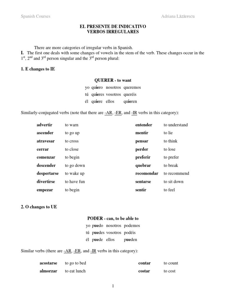 El Presente de Indicativo - Verbos Irregulares | PDF | Grammar ...