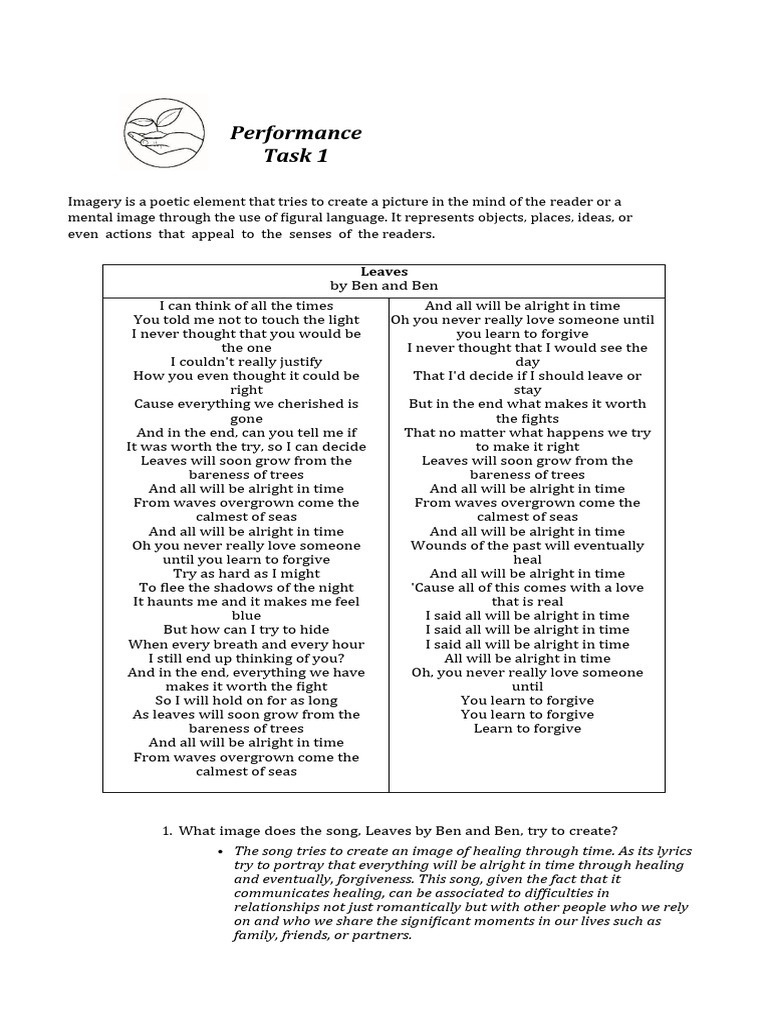 Performance Task 1 Imagery and Song Interpretation | PDF