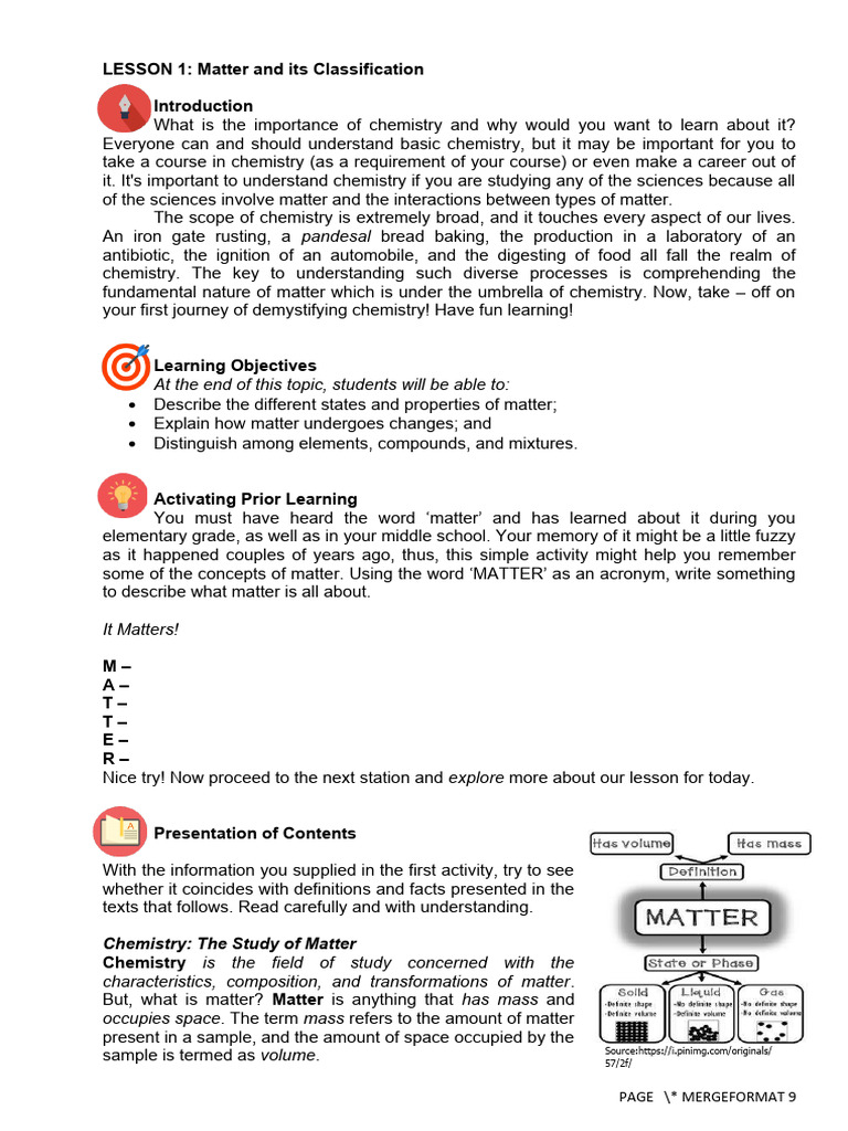 LESSON 1 Matter and Its Classification | PDF | Mixture | Chemical ...