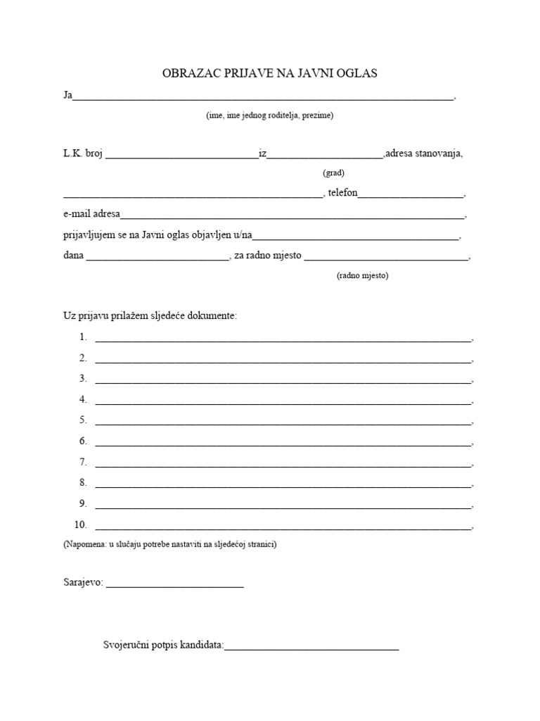Obrazac Prijave Na Javni Oglas | PDF