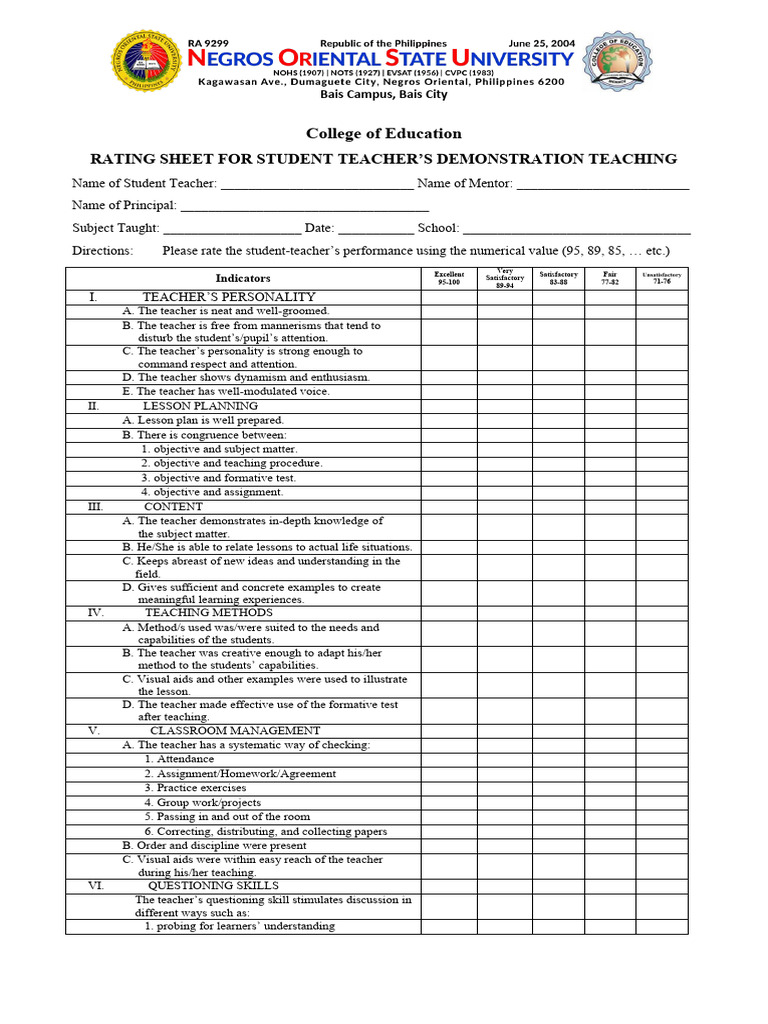 Rating Sheet For Student Teachers | Download Free PDF | Teachers | Learning