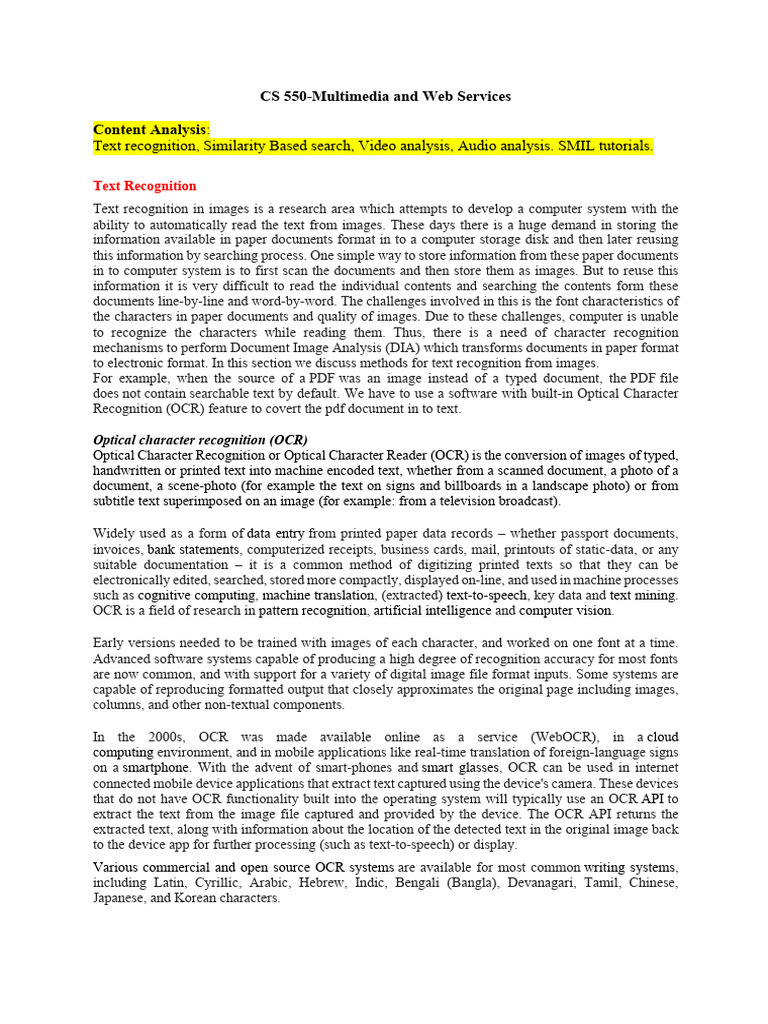 Multimedia and WS-CS 550-Content Analysis v1 | PDF | Optical Character Recognition | Json