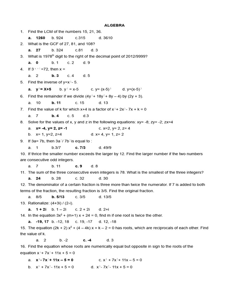Algebra Problem Set with Solutions | PDF | Mathematics | Arithmetic