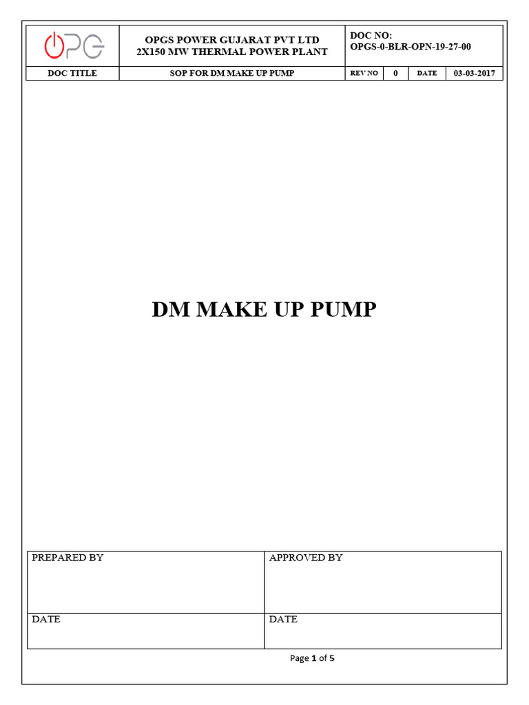 Opgs 0 BLR Opn 19-27-00 Sop For DM Make Up Pump | PDF | Pump | Valve