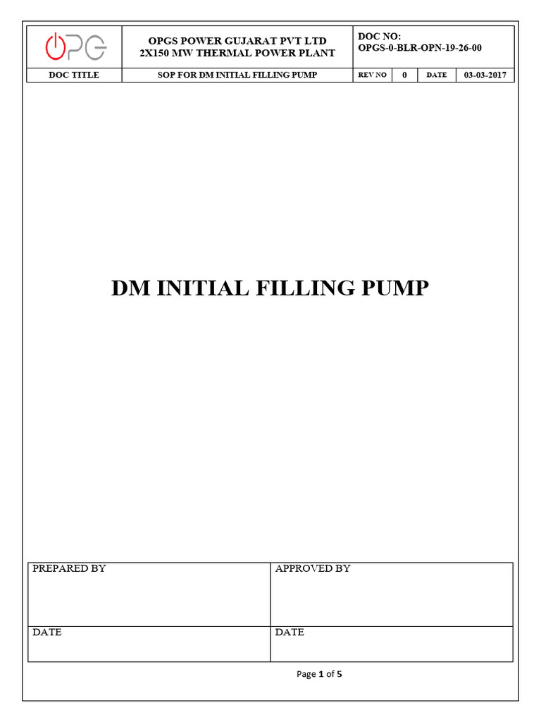 SOP for DM Initial Filling Pump Operation | PDF | Pump | Power Station