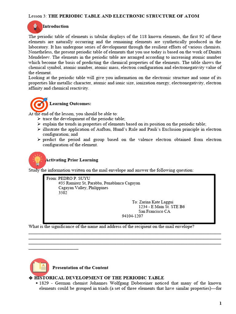 Lesson 3 The Periodic Table And Electronic Structure Of Atom Download Free Pdf Periodic