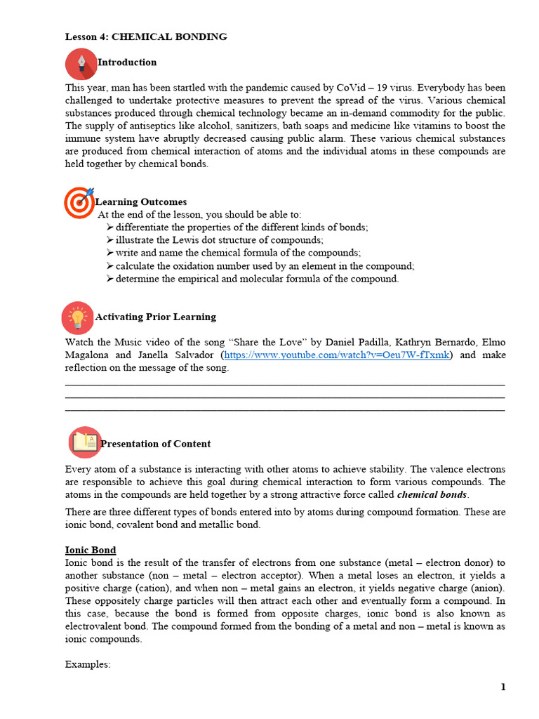 Lesson 4 CHEMICAL BONDING | PDF | Chemical Bond | Chemical Compounds