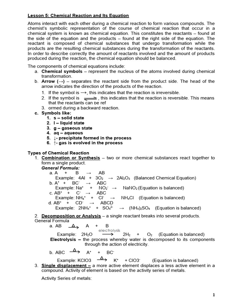 Lesson 5 Chemical Reaction and Its Equation | PDF | Redox | Chemical ...