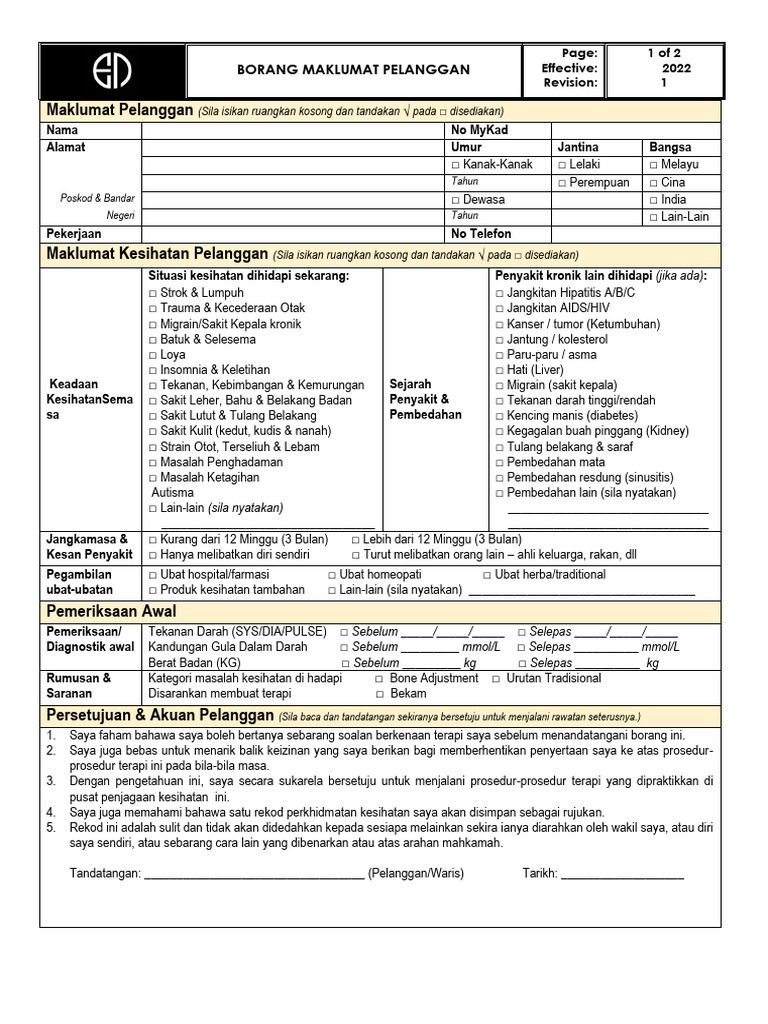 Borang Pesakit Ed Healing Studio | PDF