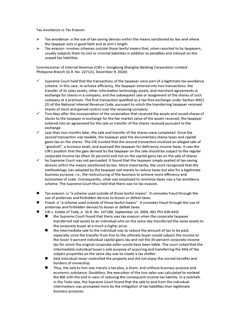Tax Avoidance vs. Tax Evasion Explained | PDF | Taxes | Taxpayer