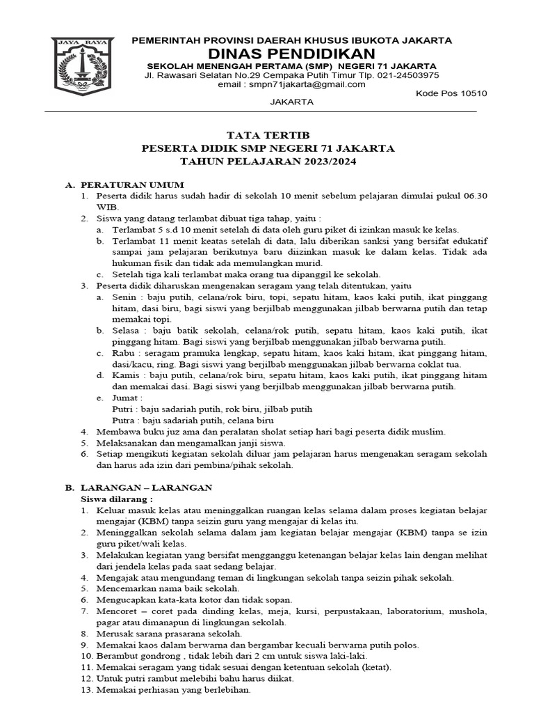 Tata Tertib SMP Negeri 71 Jakarta | PDF | Kesehatan Holistik
