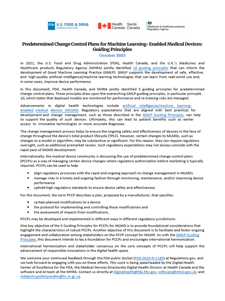 Predetermined Change Control Plans - Guiding Principles | PDF | Medical ...