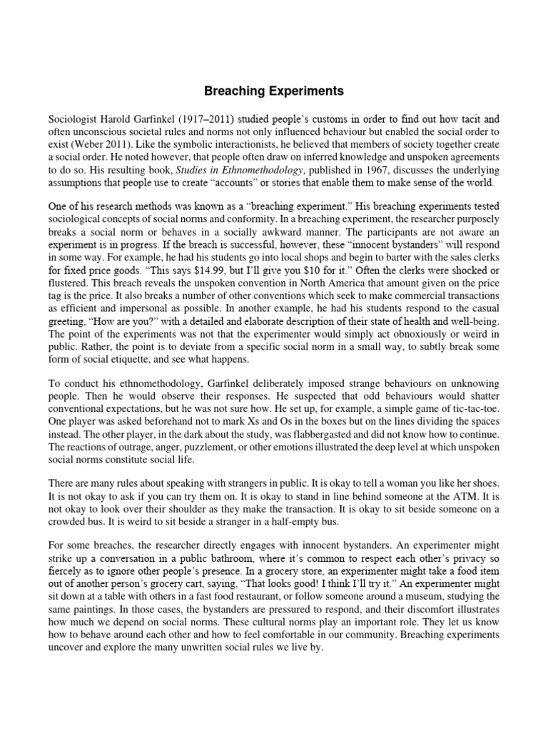 Breaching Experiment | PDF | Experiment | Sociology