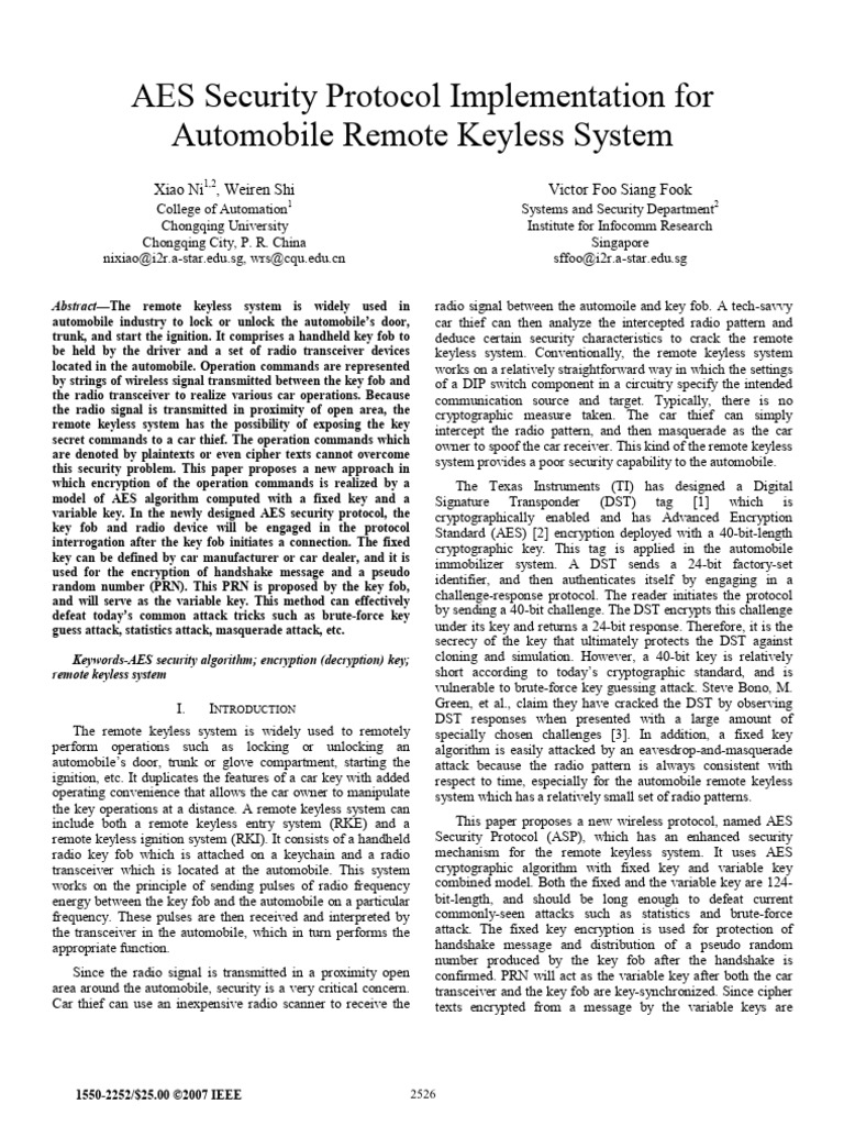Aes Security Protocol Implementation For Automobile Remote Keyless System Pdf Encryption