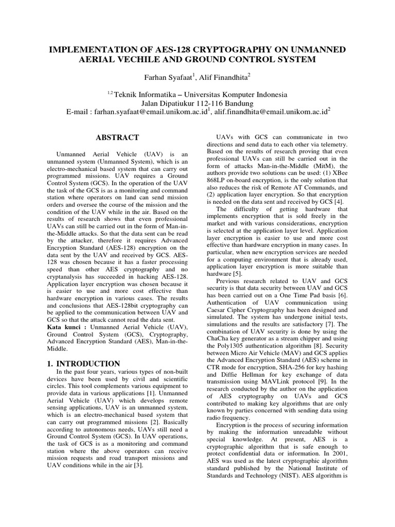 Implementation of Aes-128 Cryptography On Unmanned Aerial Vechile and ...