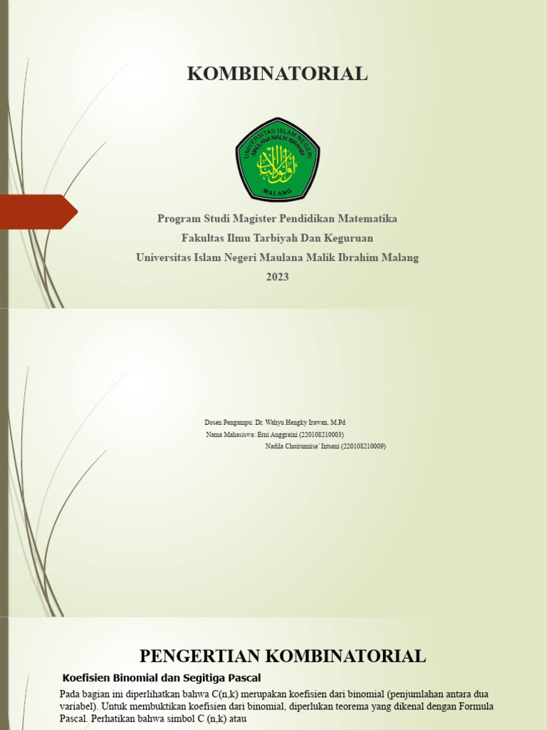 Kombinatorial (Presentasi) | PDF | Metode & Bahan Ajar | Sains & Matematika