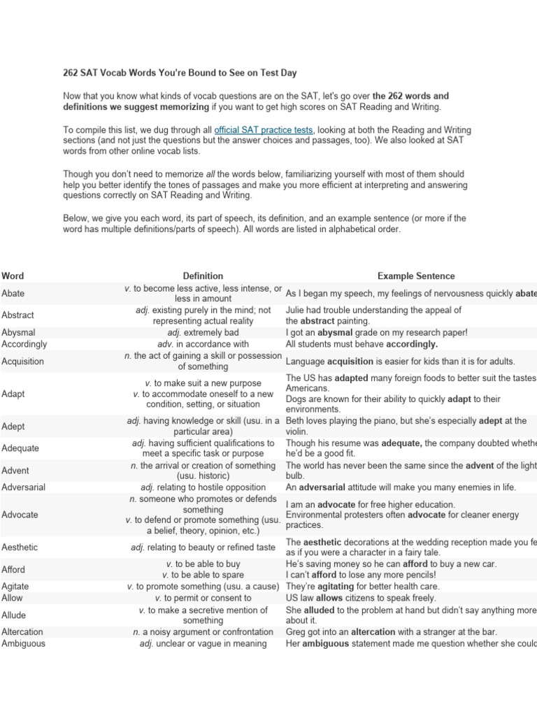 262 Essential SAT Vocabulary Words | PDF | Sat | Vocabulary