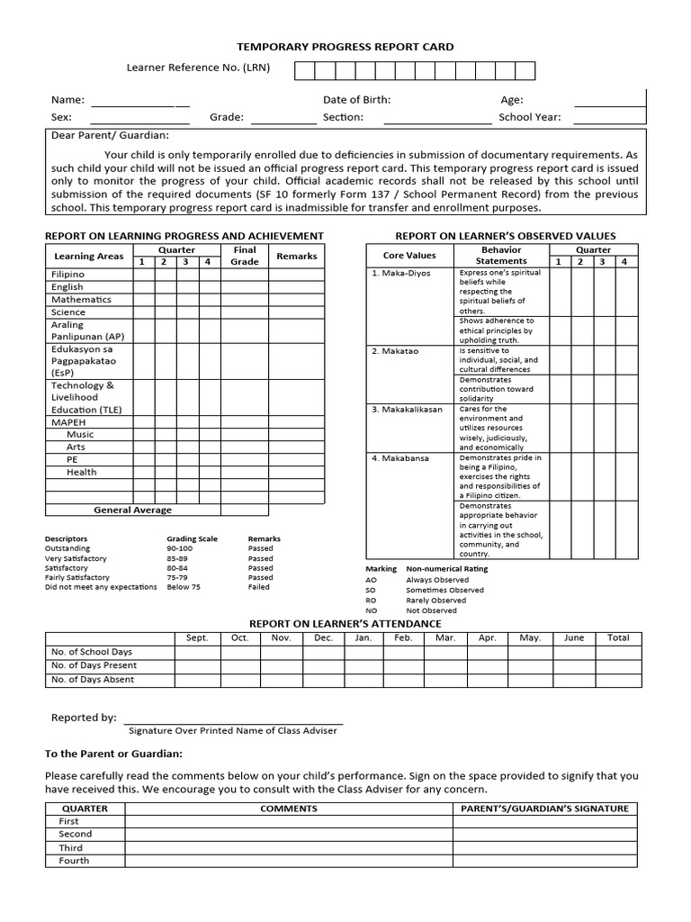 Temporary Progress Report Card Template | PDF | Learning