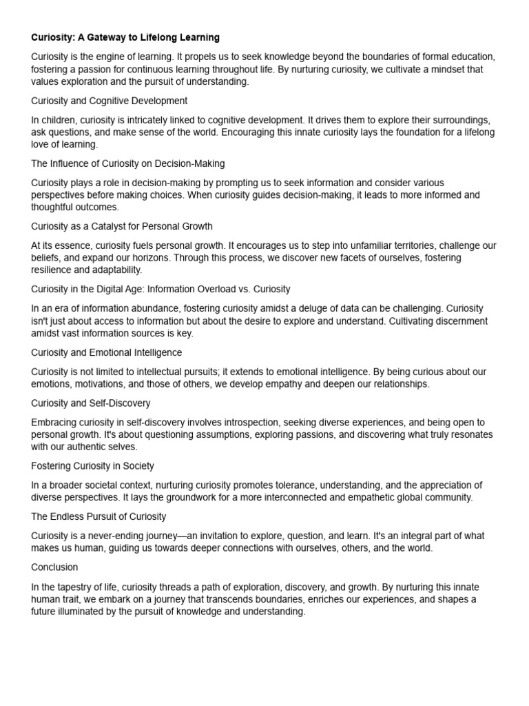 Curiosity A Gateway To Lifelong Learning | PDF | Curiosity | Learning