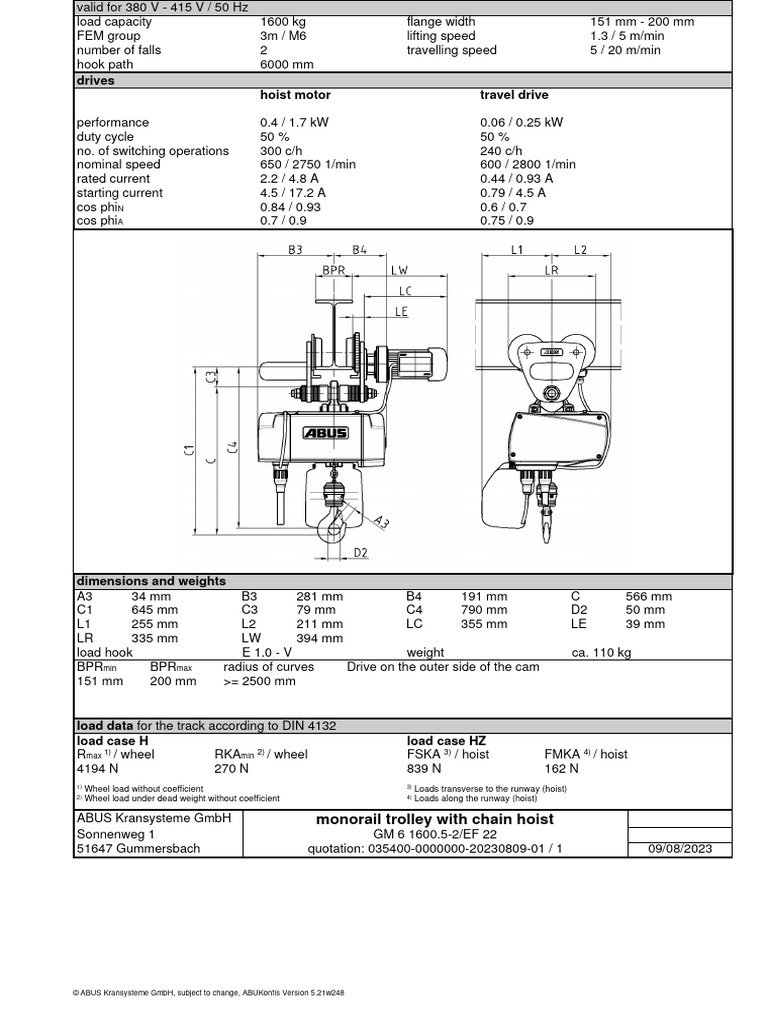 Hoist Data Sheet | Download Free PDF | Mechanical Engineering
