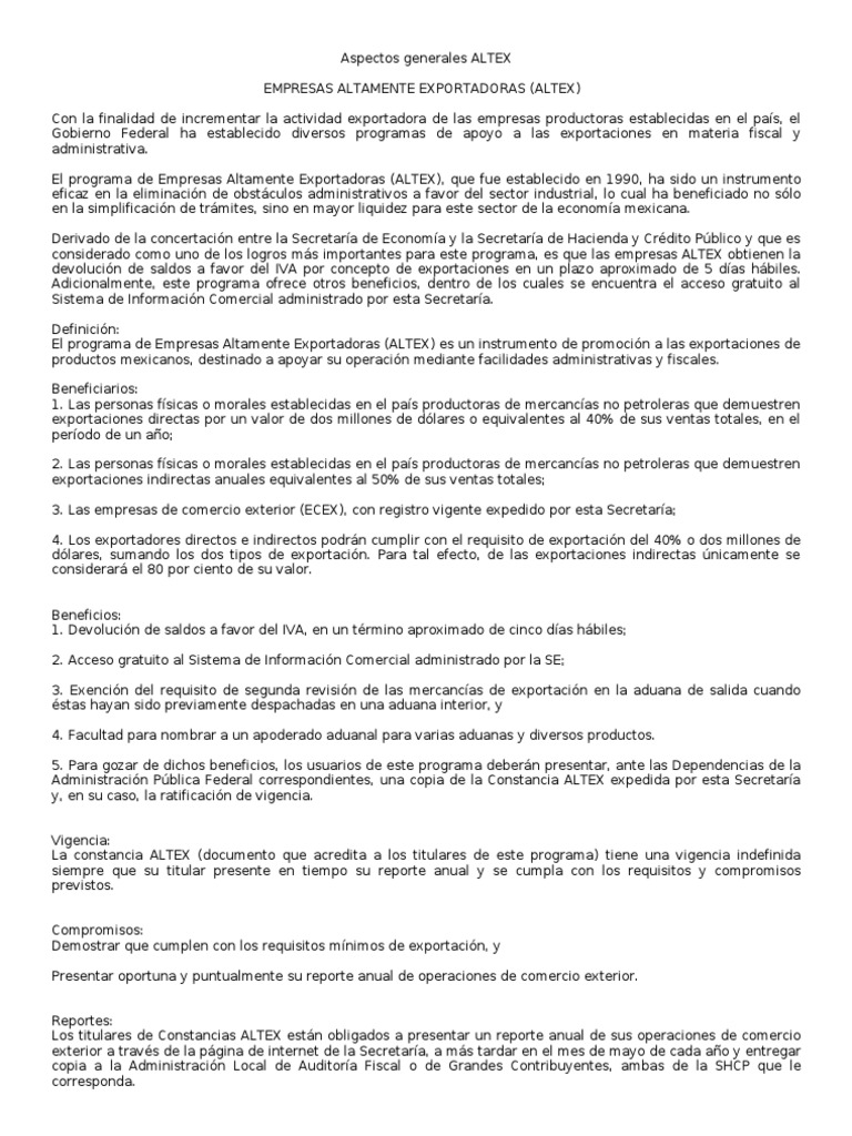Programa ALTEX: Beneficios y Requisitos | PDF | Exportaciones | El ...