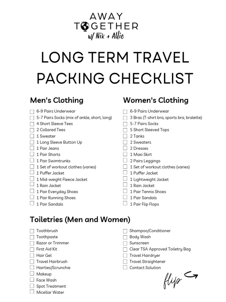 Long Term Travel Packing Checklist | PDF