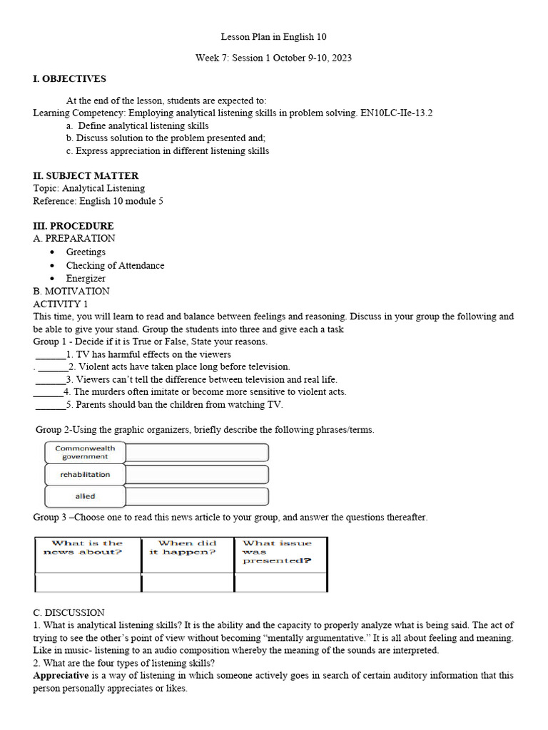 Lesson Plan in English 10. Week 6docx | PDF | Reason | Lesson Plan