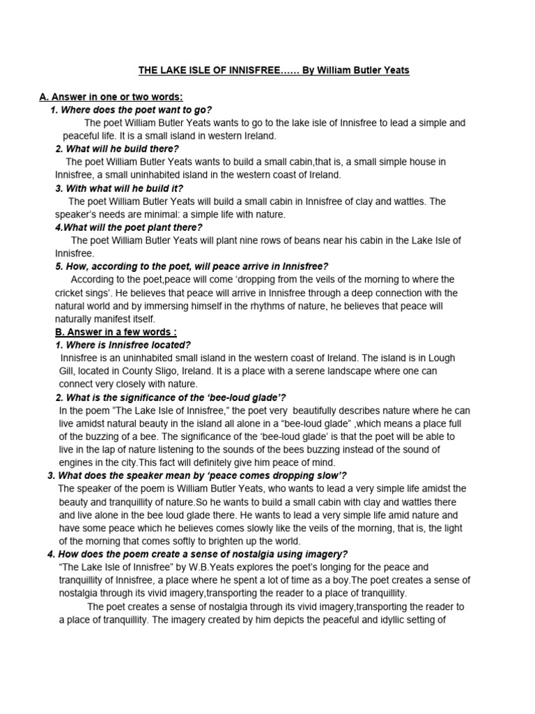 THE LAKE ISLE OF INNISFREE by William Butler Yeats | PDF | Poetry