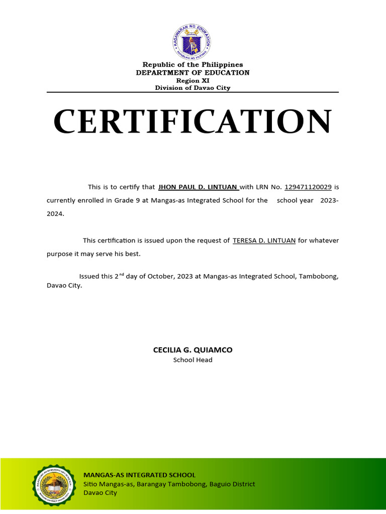 ELEM Enrollment Certificate | PDF | Philippines | Public Administration