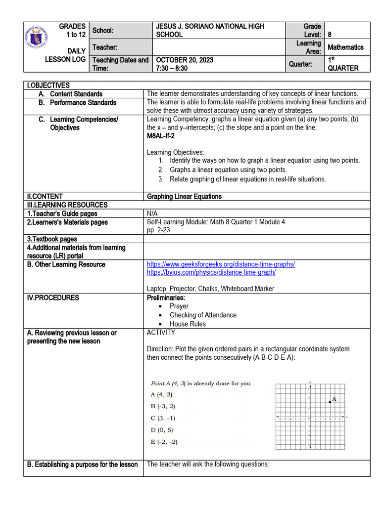 Co 1 Math 8 Graphing Of Linear Equations V1 Pdf Equations Speed