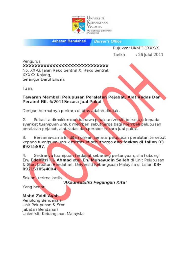 Contoh Surat Panggil Sebutharga Pelupusan | PDF