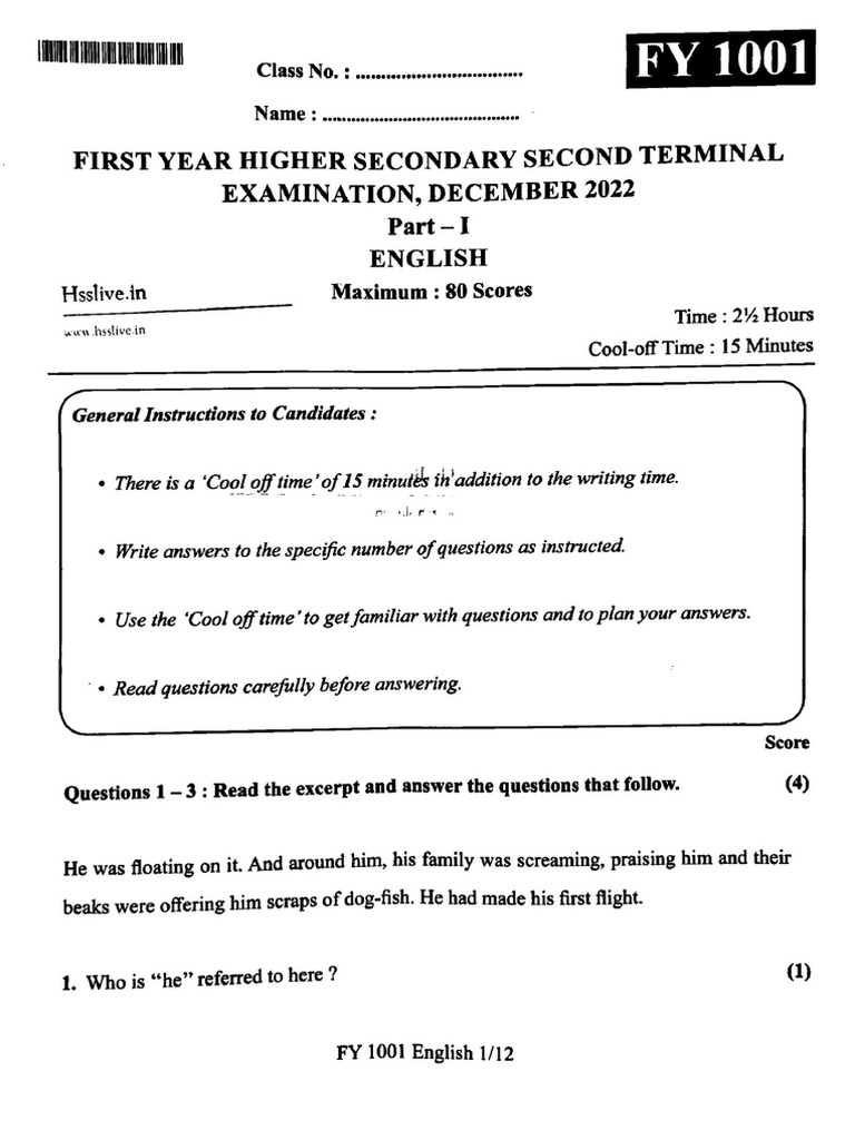 Hsslive Xi English Term 2 Dec 2022 QN | PDF