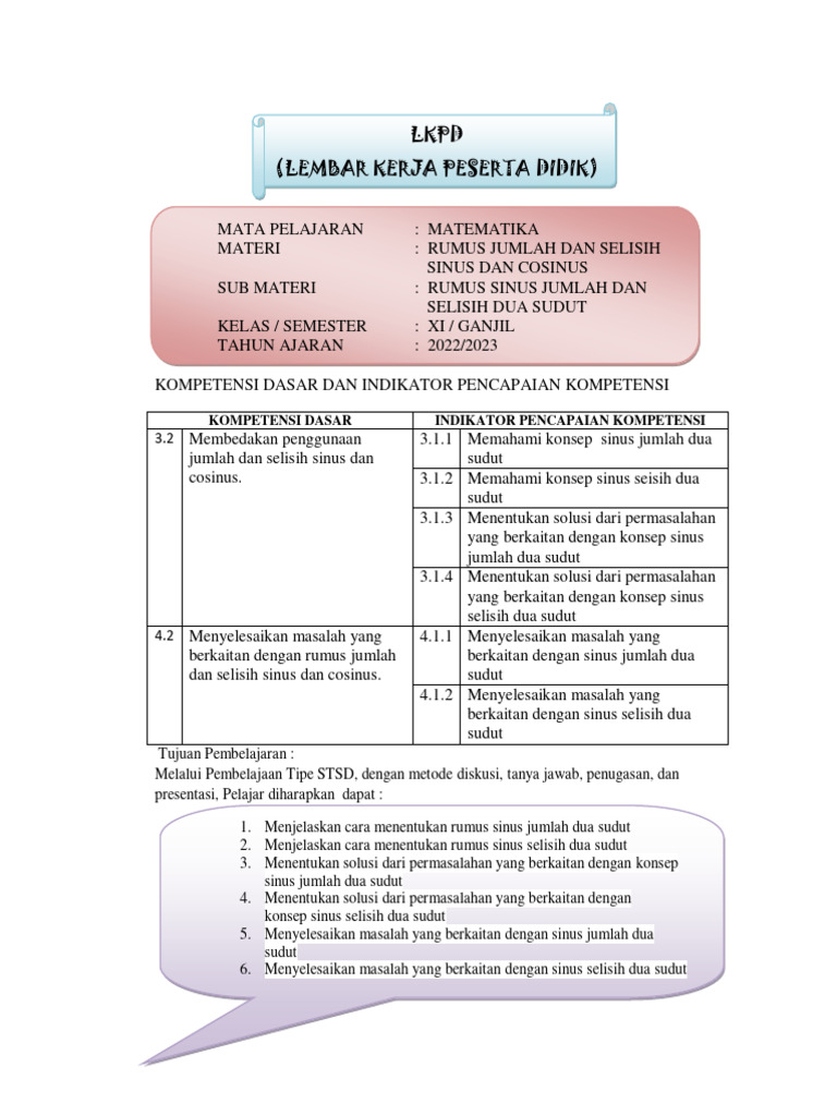 LKPD Sinus Jumlah Dan Selisih Dua Sudut | PDF