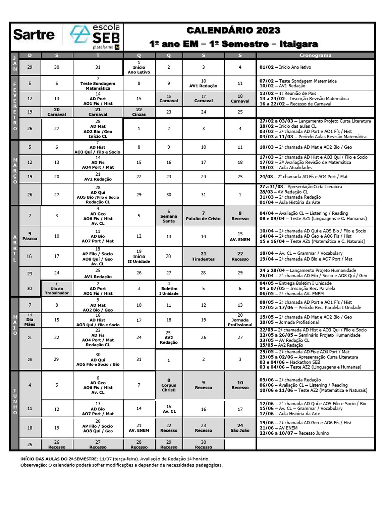 Calendário 1º Semestre 2023 1º Ano | PDF