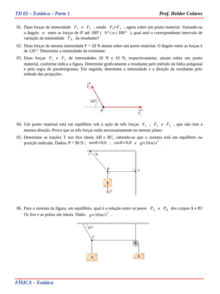 TD 02 - Estática - Parte 1 | PDF | Atrito | Física Aplicada e Interdisciplinar