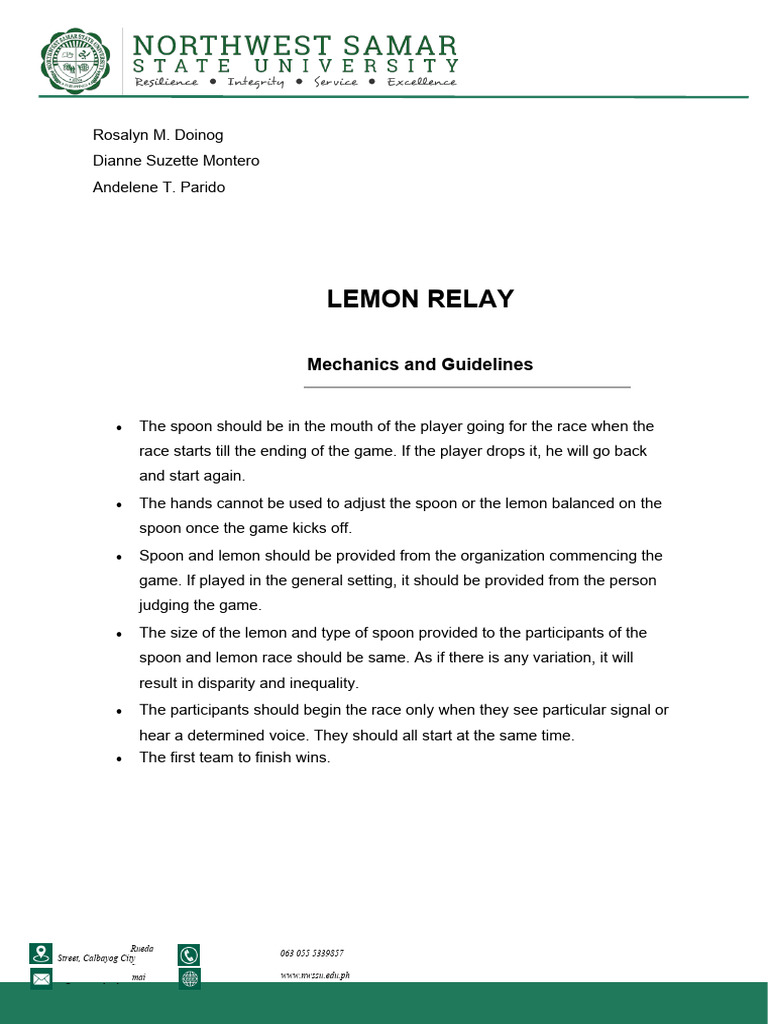 Lemon Relay Game Rules and Mechanics | PDF | Sports & Recreation