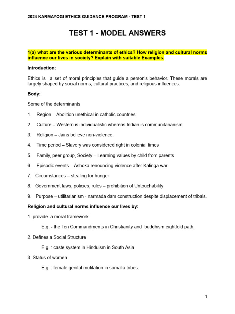Test 1 Model Answers 2024 Karmayogi Ethics Guidance Program | PDF | Ahimsa