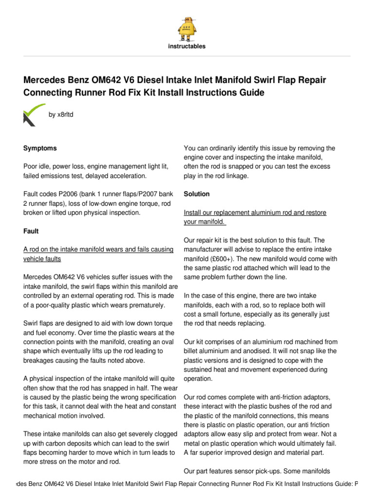 Mercedes Benz OM642 V6 Diesel Intake Inlet Manifold Rod Replacement ...