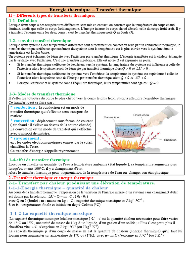 Energie Thermique Et Transfert Thermique Resume de Cours 1 2 | PDF | Transfert thermique ...