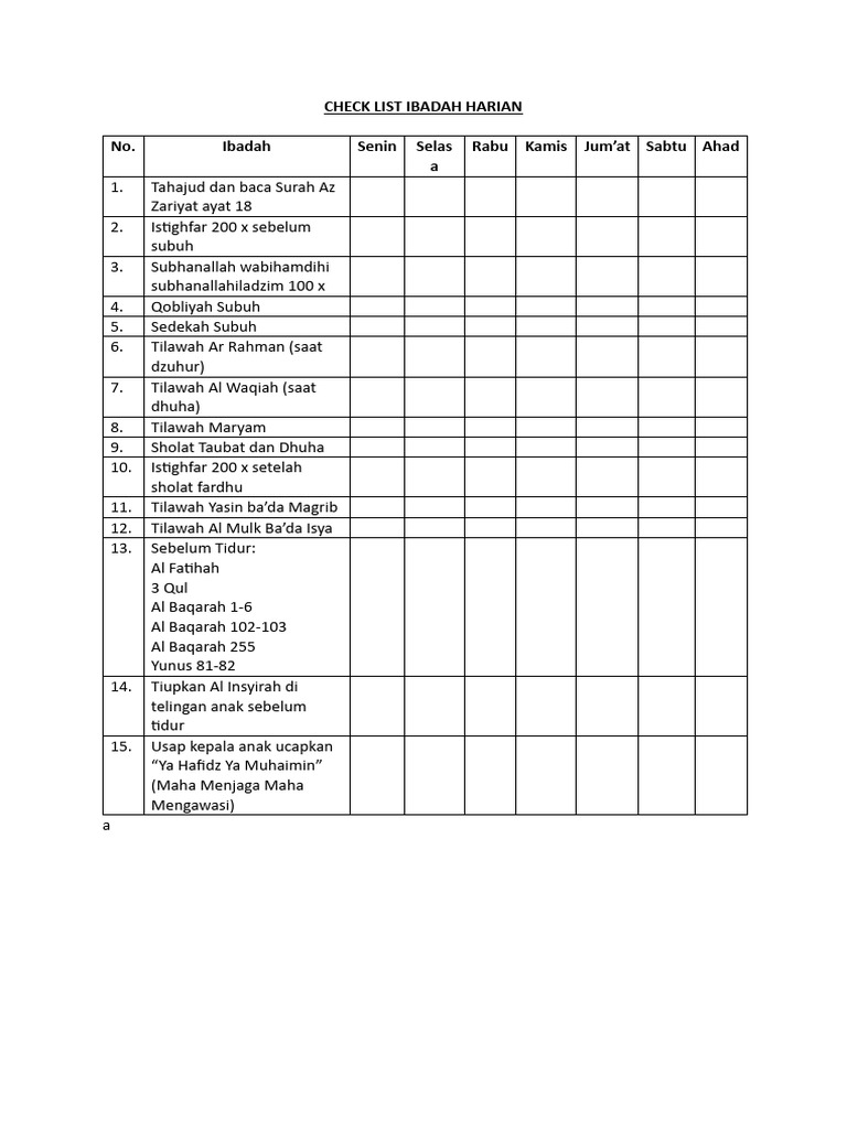 Check List Ibadah Harian | PDF
